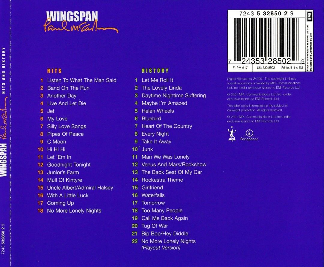 Paul McCartney - Wingspan - Double CD of Wings Hits. FREE SHIPPING ON ALL CDs AND SONGBOOKS ...