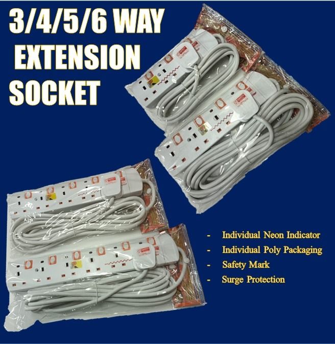 POWER EXTENSION CABLE/ SOCKET 3WAY TO 6WAY 3METER AND 6 METER ...