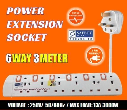 POWER EXTENSION CABLE/ SOCKET 3WAY TO 6WAY 3METER AND 6 METER ...