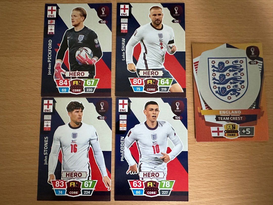 England World Cup cards - Pickford, Shaw, Stones, Foden, Kane, Grealish ...