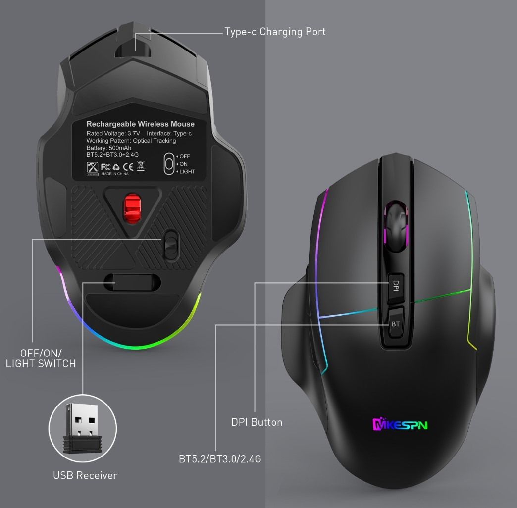 Gaming Bluetooth Mouse Three-Mode TYPEC Rechargeable Wireless RGB ...