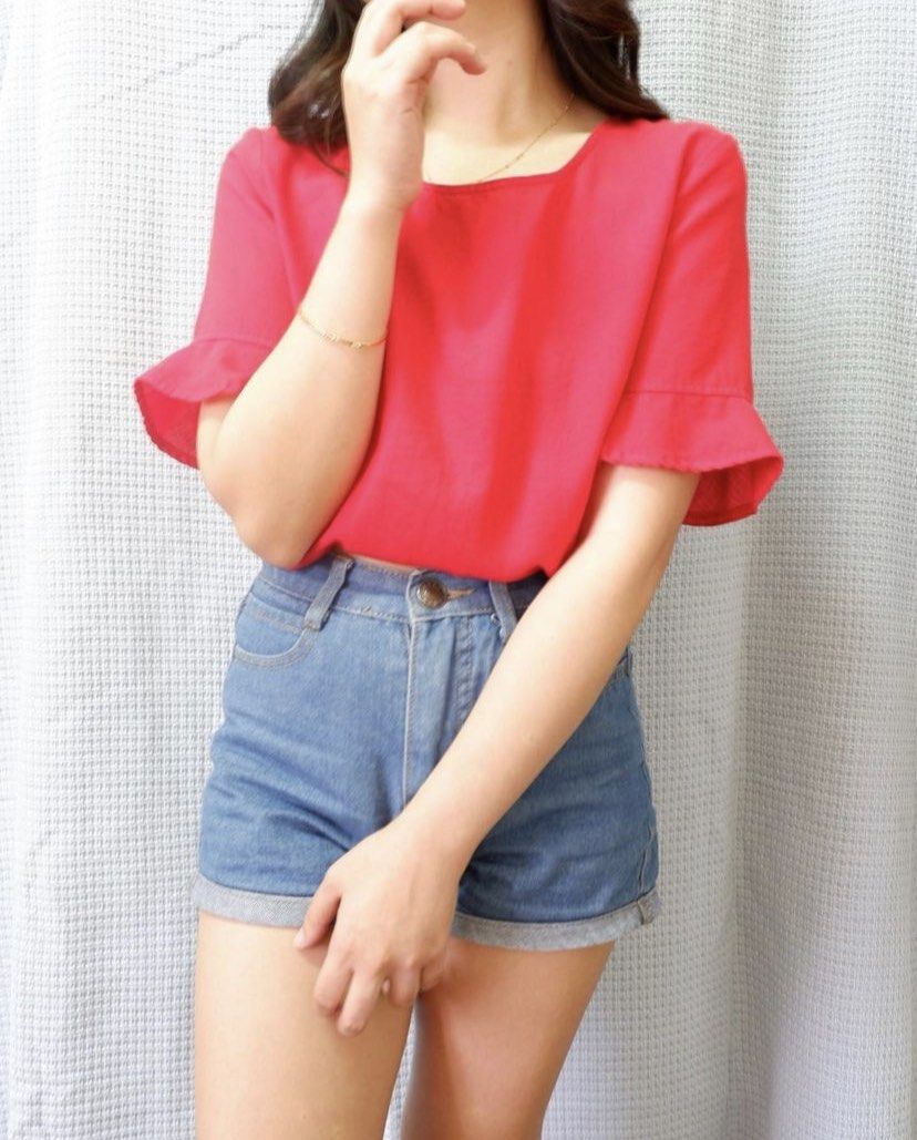 Plain red linen top, Women's Fashion, Tops, Blouses on Carousell