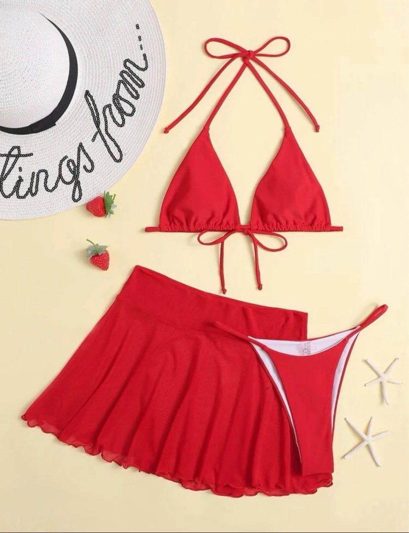 Red Bikini w/ skirt cover up Set, Women's Fashion, Swimwear, Bikinis ...
