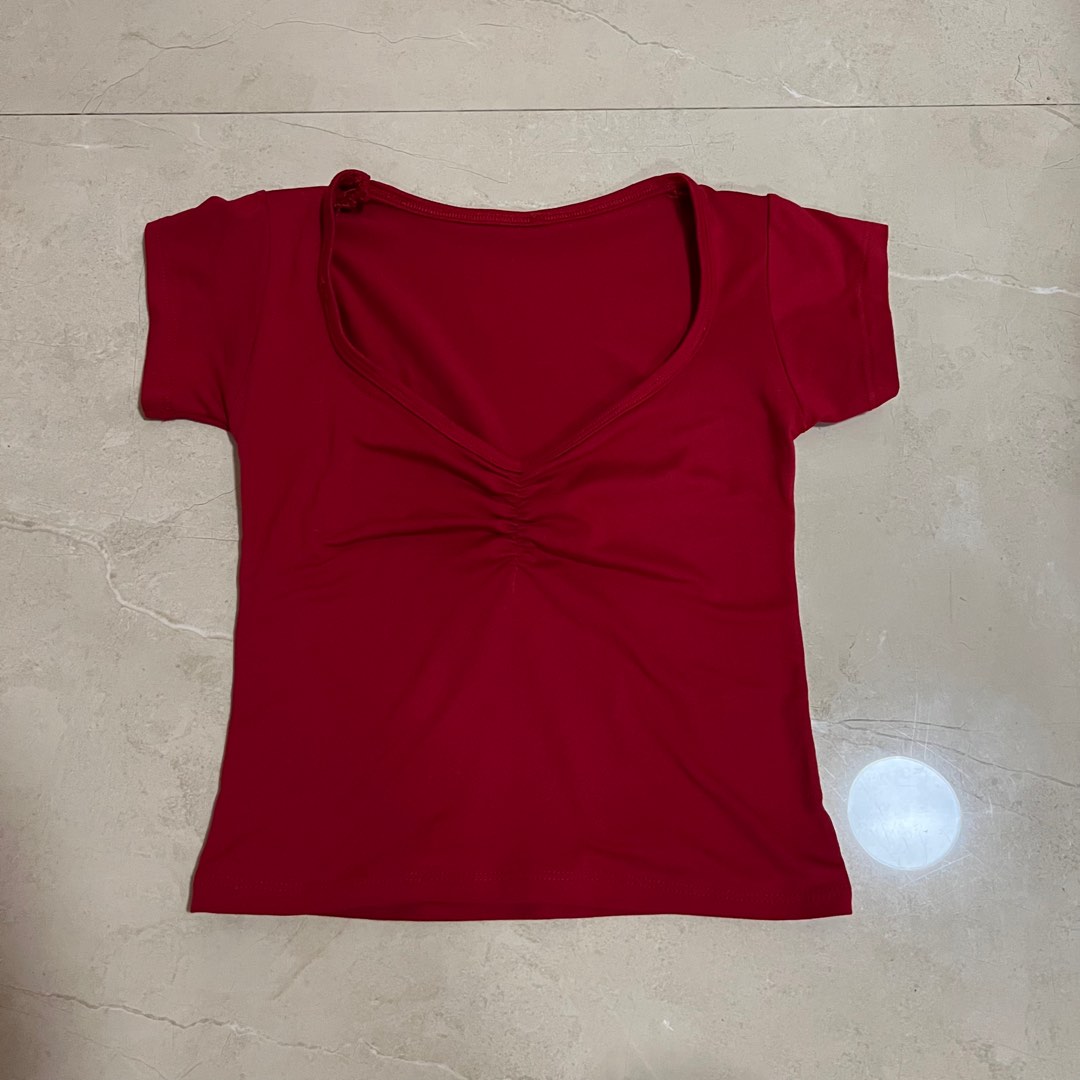 Red Ruched Croptop, Women's Fashion, Tops, Blouses on Carousell