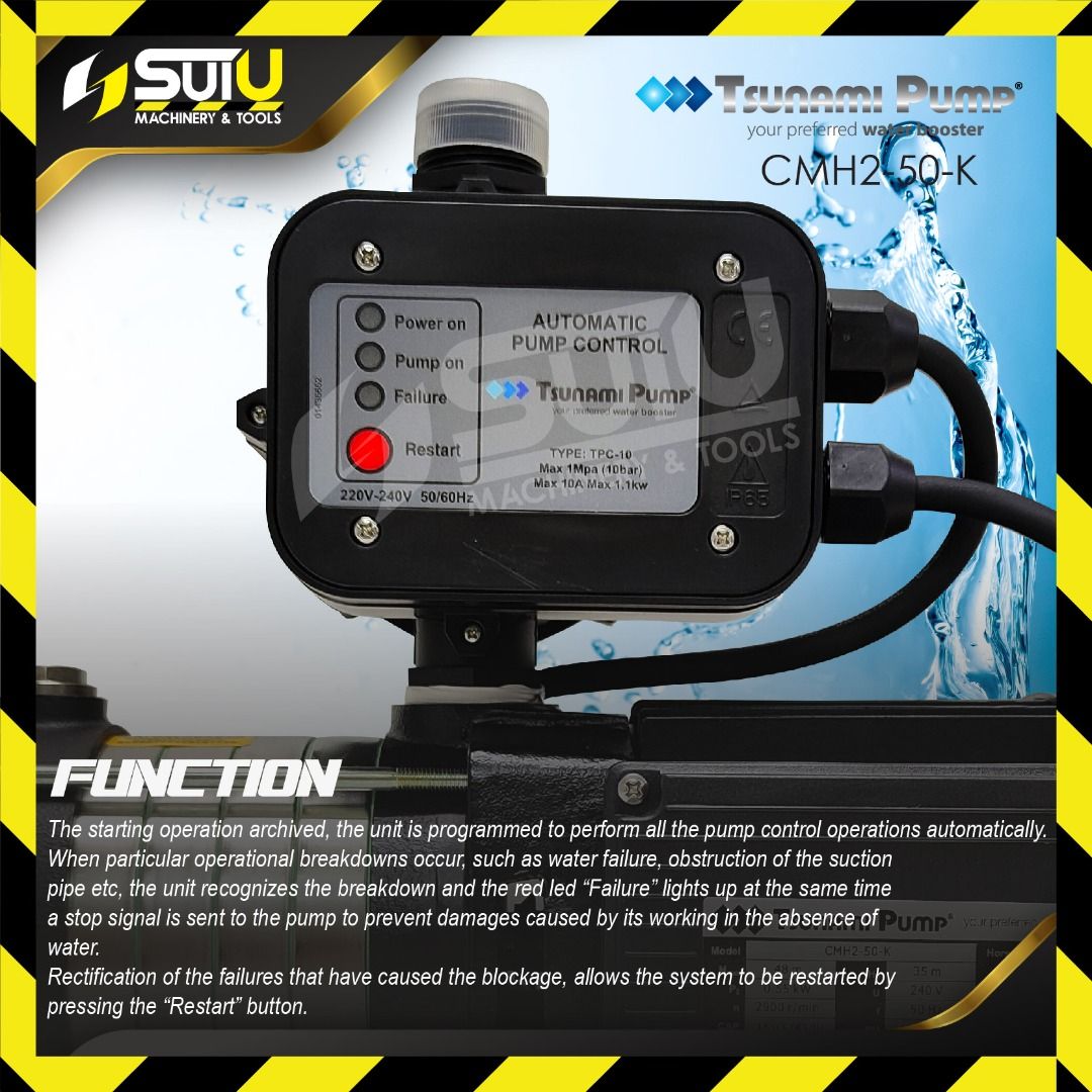 TSUNAMI PUMP CMH2-50K 0.75HP 10Bar Horizontal Multi-Stage Booster Pump ...