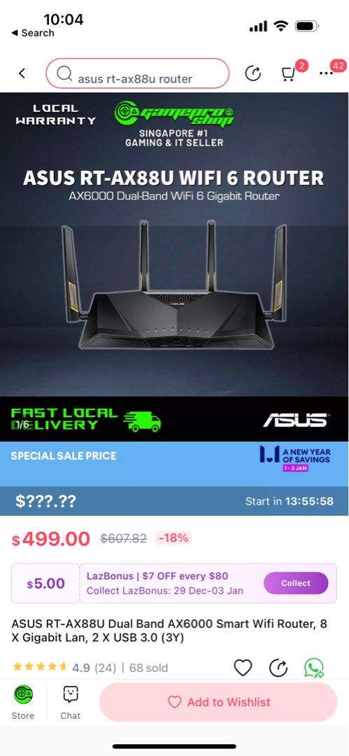 Asus rt- ax88u dual band ax6000 smart wifi 6 router (8gigabit lan port ...
