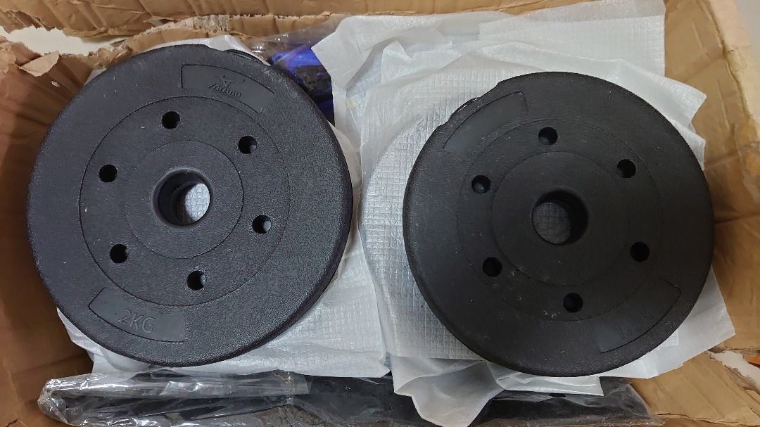 Barbell bar, dumbbell bars and 53kg plastic weight plates, Sports ...