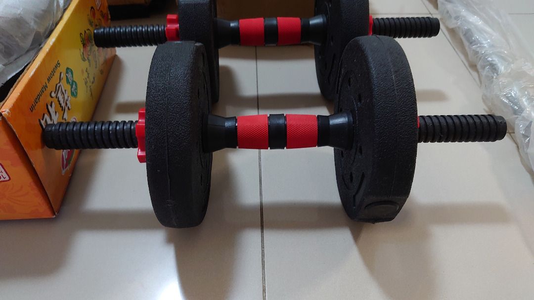 Barbell bar, dumbbell bars and 53kg plastic weight plates, Sports ...
