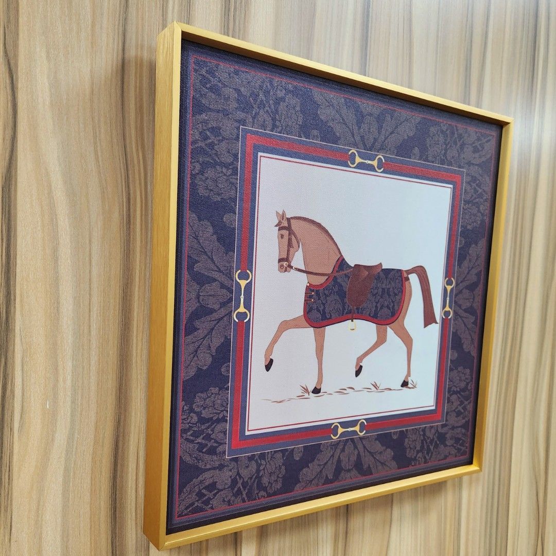 BN CHEVAL Royal Damask Print Horse Wall or Door Picture Gold Frame ...