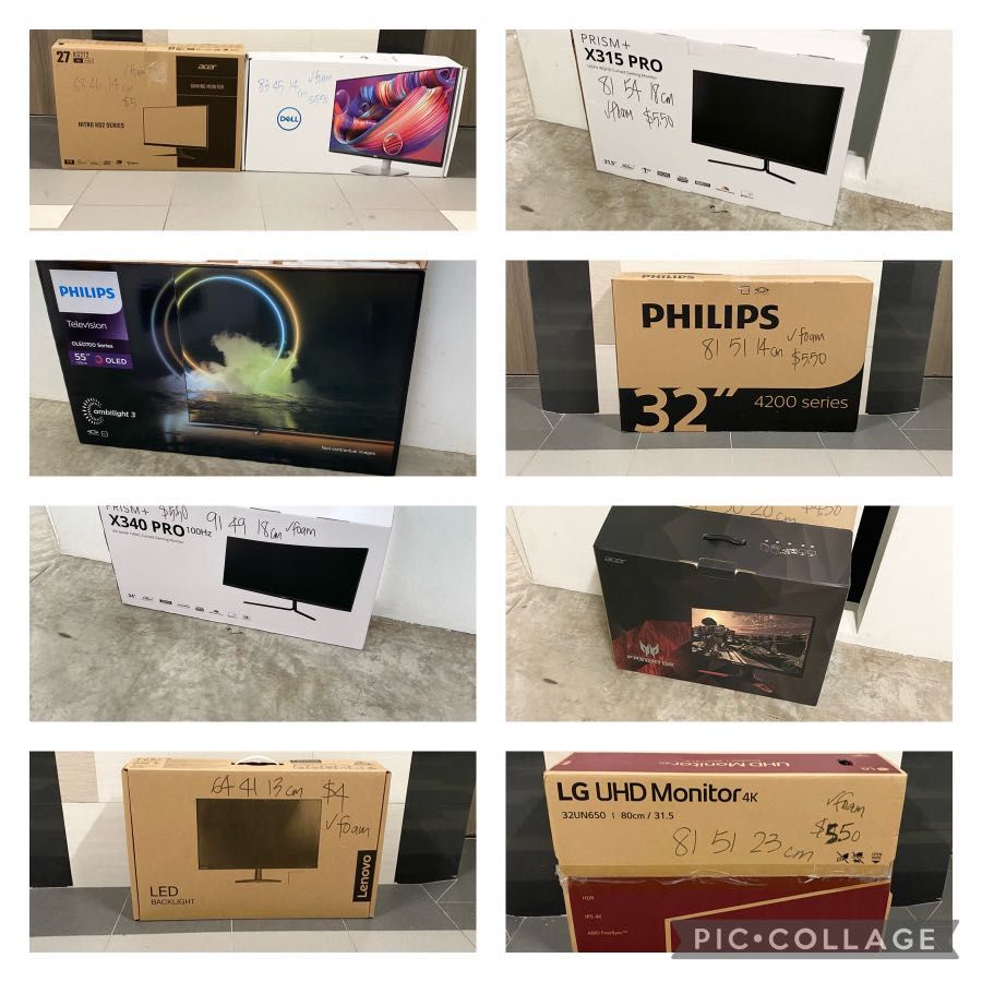 Monitor box +foam 34” 32” 28” 27” 24”TV box + foam 65” 58” 55” 50” 43 ...