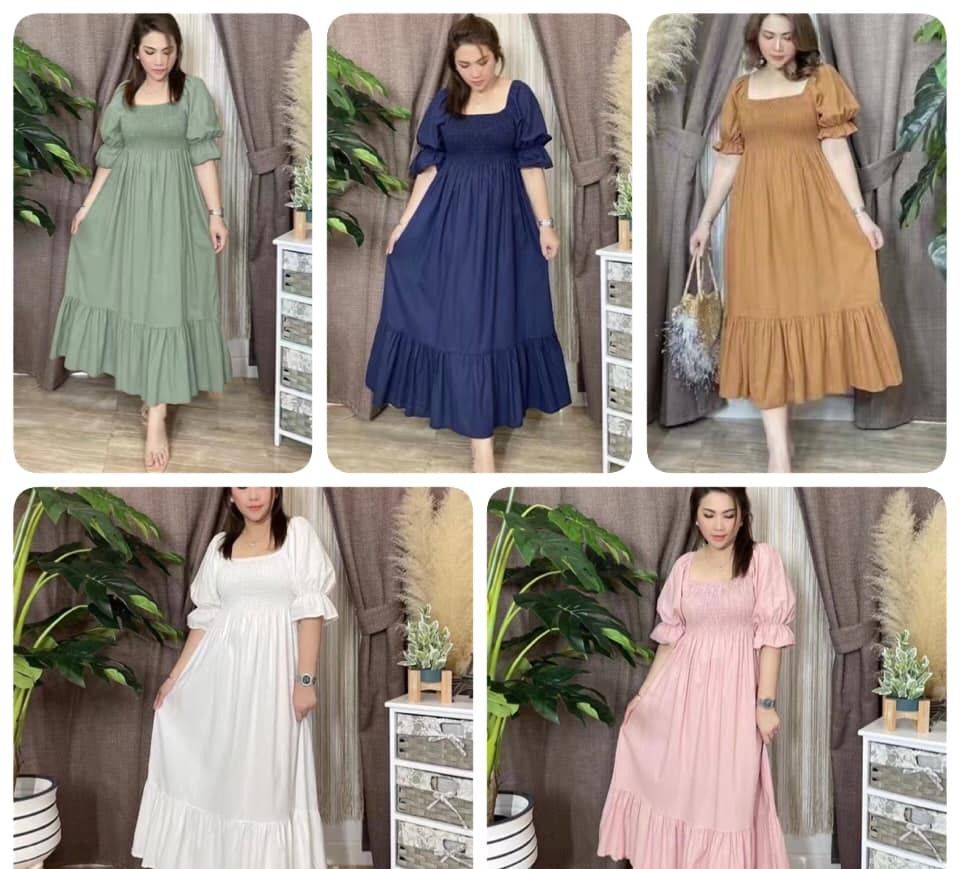 Puff Sleeves Plain Long Dress (Free Size) (Available in Beige, Blue ...