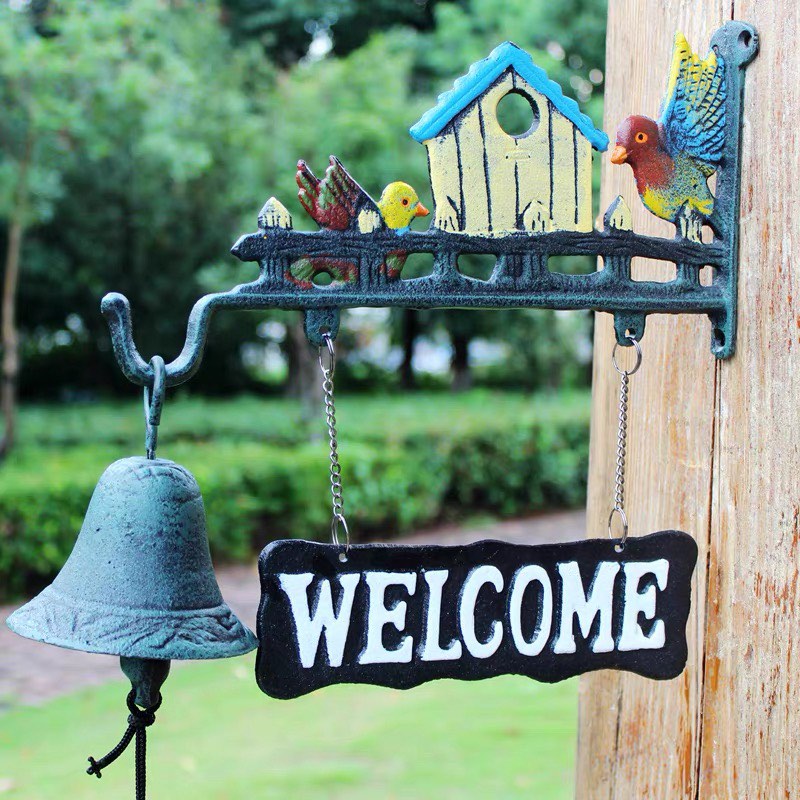 Bird house w birds cast iron bell welcome, Furniture & Home Living ...