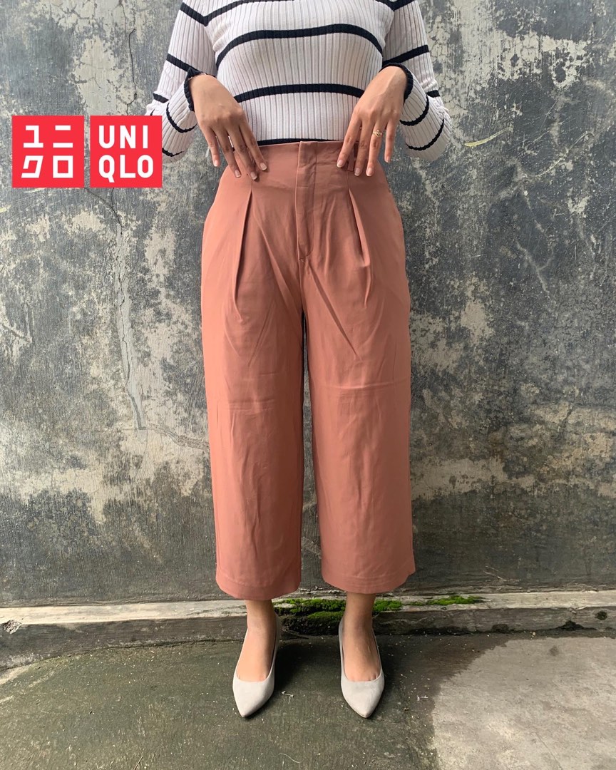 Kulot uniqlo loose straight highwaist celana bahan kerja office pants peach salem salmon cullote ...