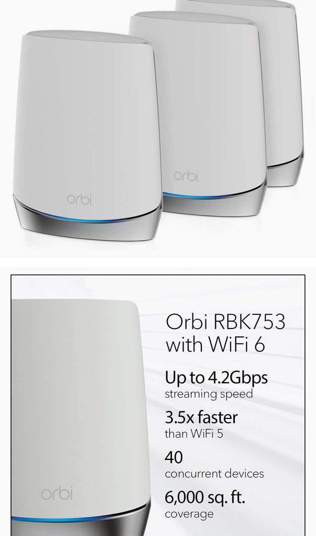 NETGEAR RBK753-100EUS Orbi Whole Home Tri-Band Mesh WiFi 6 System ...