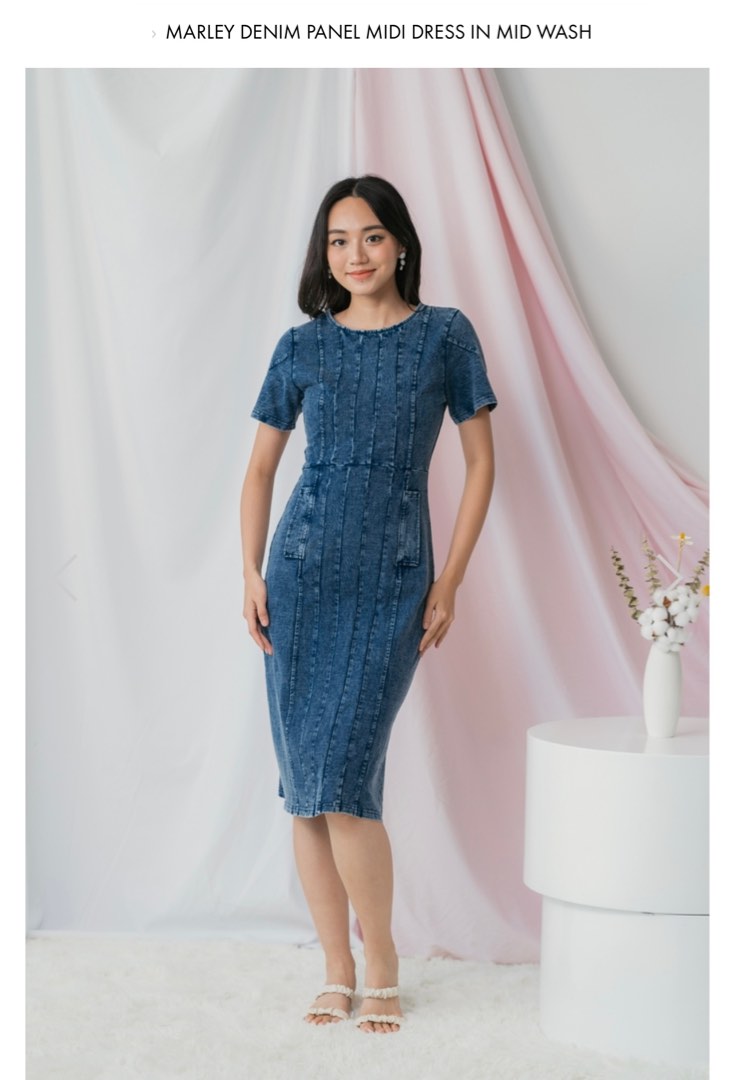 TSW MARLEY DENIM PANEL MIDI DRESS IN MID WASH, Women's Fashion, Dresses ...