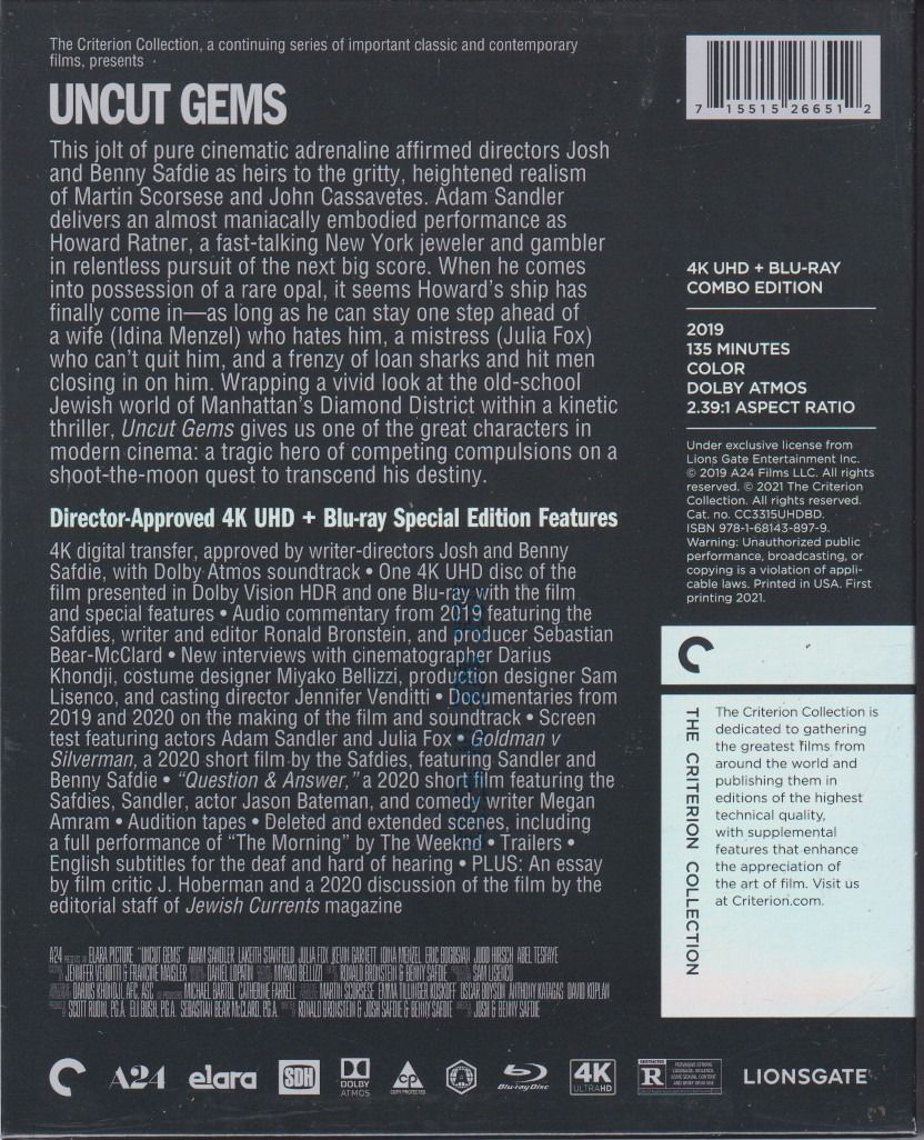 Uncut Gems 4K (Criterion Collections No. 1101) Blu ray / Bluray ...