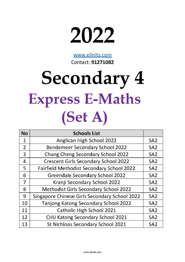 2022 Secondary 4 Express E-Maths (Set A) Past Year Exam Paper S$18 ...