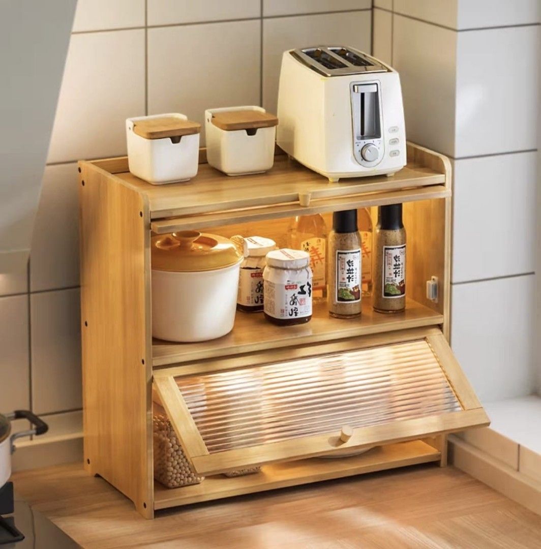 3 Tier Kitchen Tabletop Bamboo Rack with Flip Door Small Storage for ...