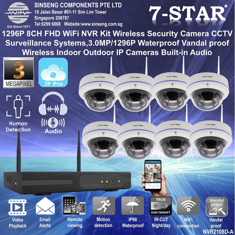 7-STAR* AUDIO 3MP 1296P Wireless 8CH NVR Kit Set with (8PCS Dome IP ...