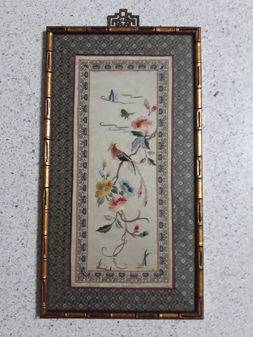 Set of 4 vintage handwoven paintings w Bamboo frame silk pictures ...