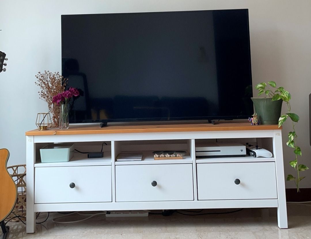 HEMNES - TV bench, white stain/light brown, Furniture & Home Living ...