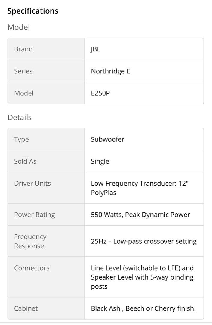 JBL SUBWOOFER Northbridge E Series E250P/230 GOOD PRICE! Not to be ...
