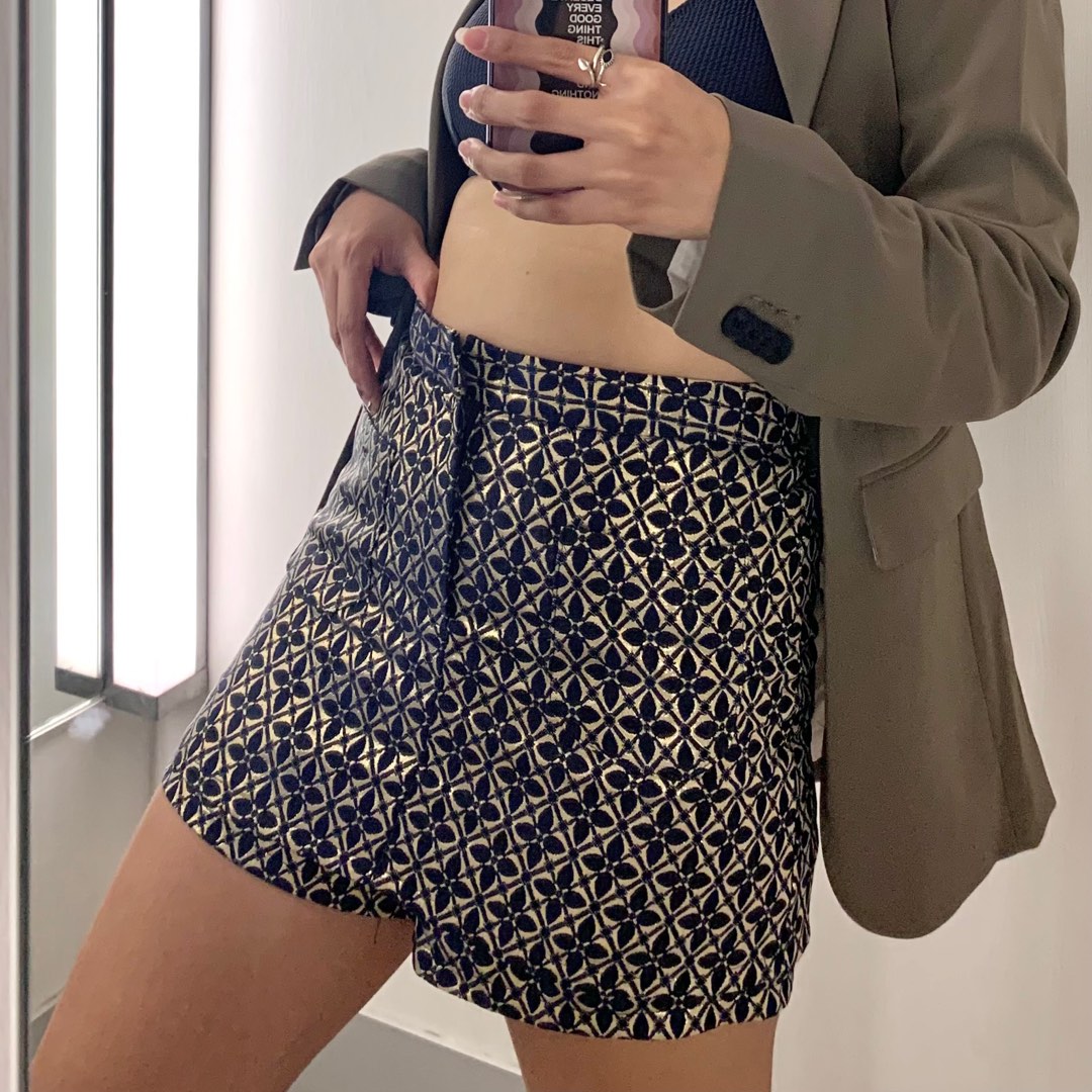 Navy Blue Light Gold Metallic Brocade Luxury Motif High Waisted Skort ...