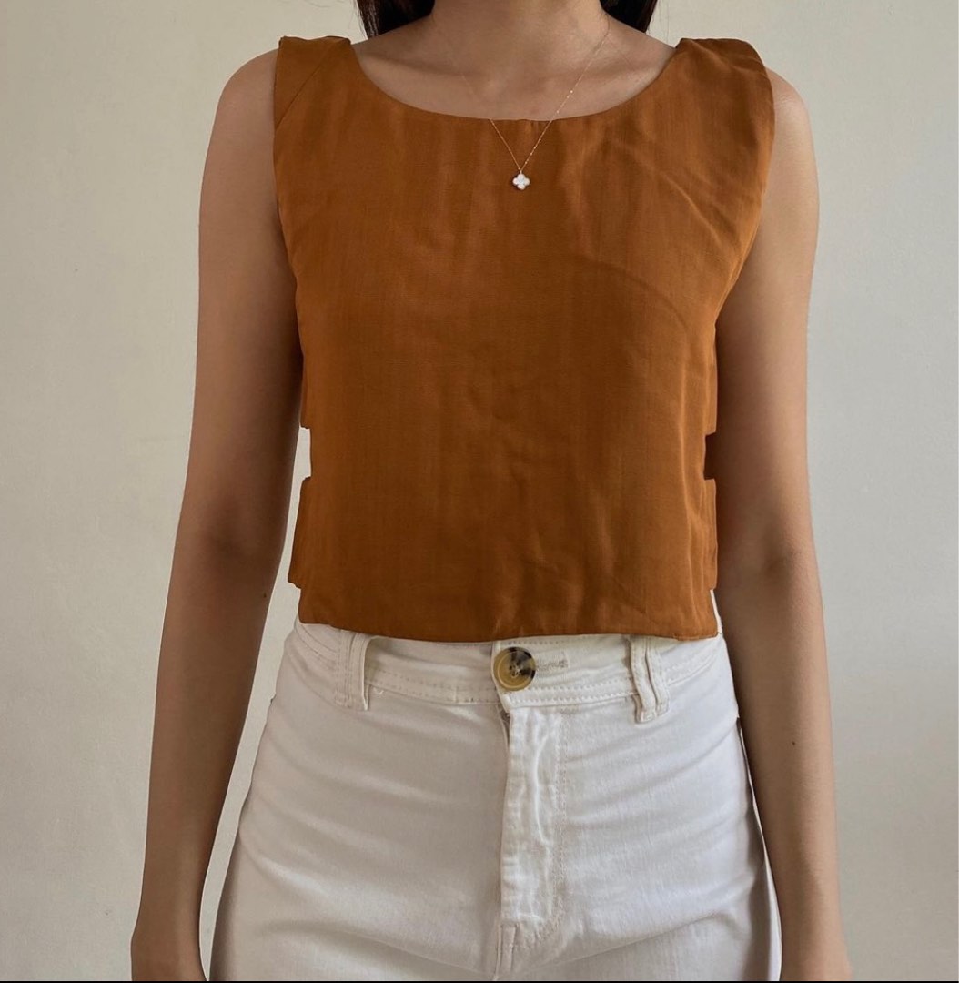 Rust Soft Linen Open Side Top, Women's Fashion, Tops, Sleeveless on ...