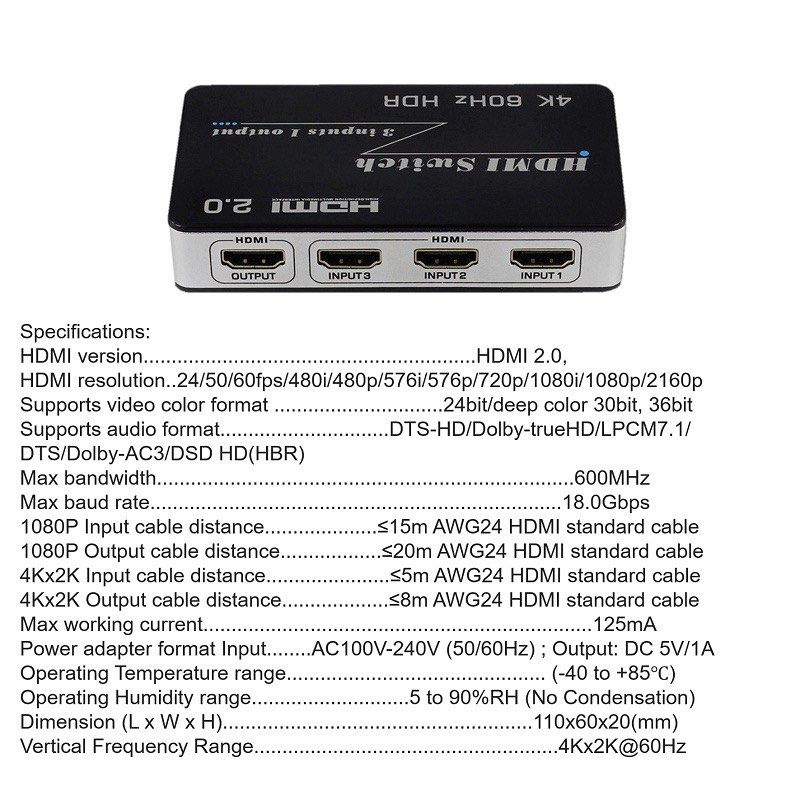 3x1 HDMI Switch 4K 1080P HDTV 3 In 1 Out HDMI Switcher Aluminum with ...