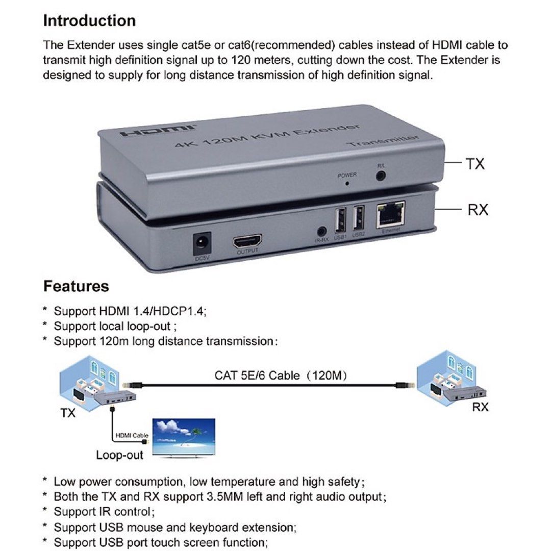 4K KVM 120M HDMI Extender with USB PORT/IR CONTROL [4K HDMI Keyboard ...