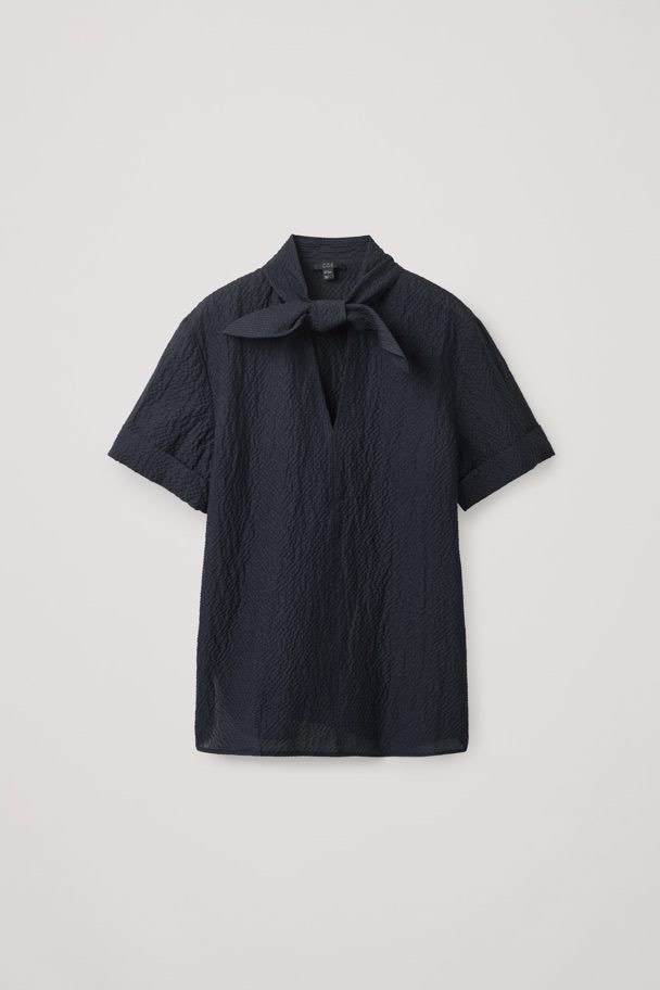 COS Damen navy blue bow tie short sleeve linen blouse (from Php1,800 ...