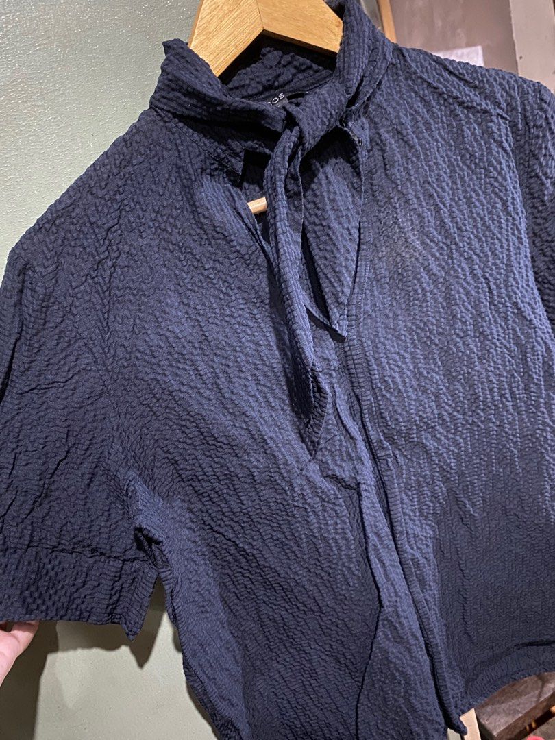 COS Damen navy blue bow tie short sleeve linen blouse (from Php1,800 ...