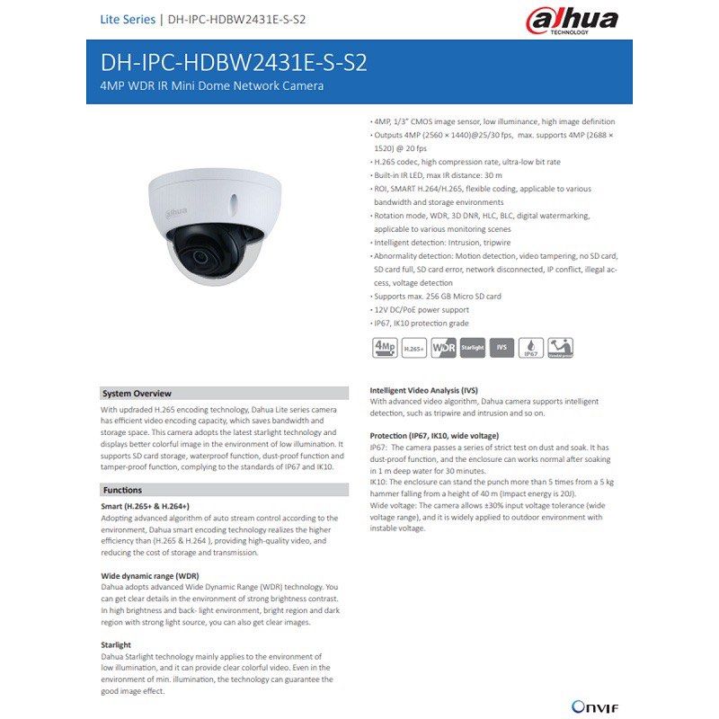 Dahua 4MP IP Camera DH-IPC-HDBW2431EP-S-S2 WDR IR Mini Dome PoE Network CCTV Camera, Furniture ...