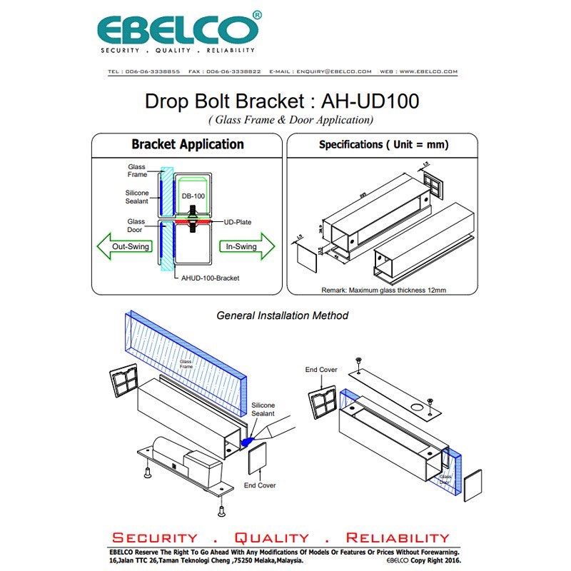 EBELCO Drop Bolt Bracket AH-UD100 (Glass Frame & Door Application for ...