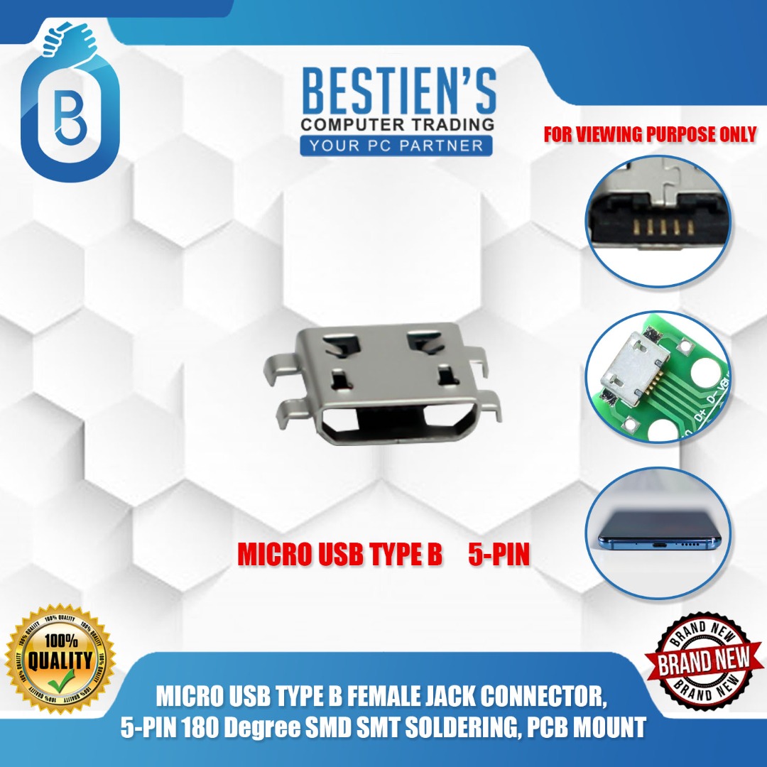 MICRO USB TYPE B FEMALE JACK CONNECTOR, 5-PIN 180 Degree SMD SMT SOLDERING, PCB MOUNT ...