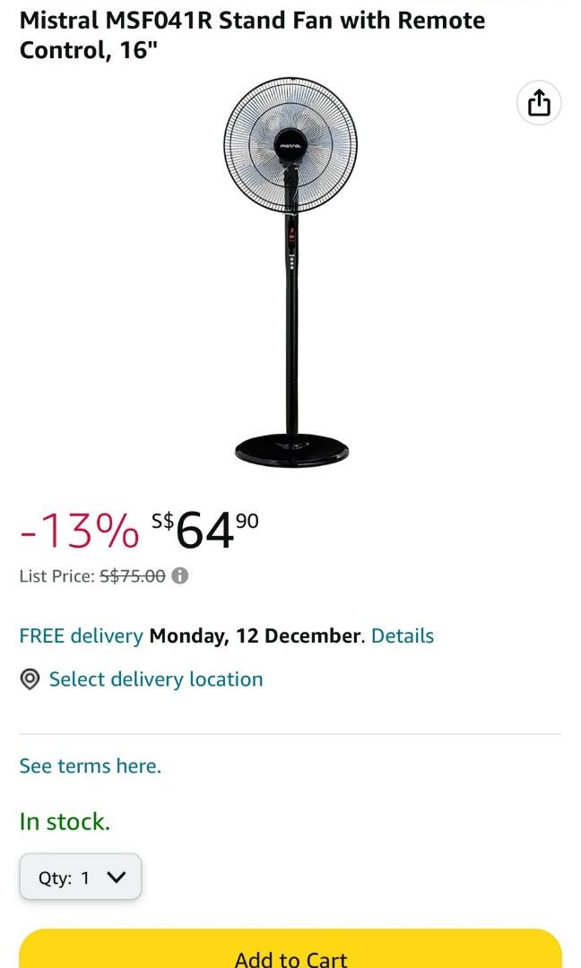 Mistral MSF041R Stand Fan with Remote Control, 16" Display Set ...