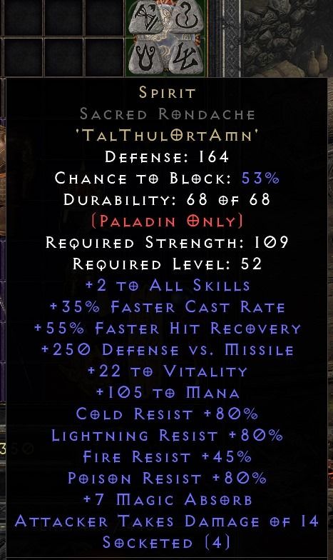 (Non - Ladder) Paladin Perfect Spirit 35% fcr 45 Res Shield. D2R ...