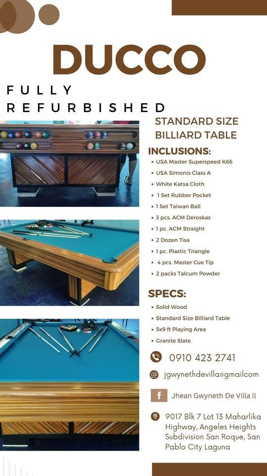 DUCCO VARNISHED FULLY REFURBISHED / STANDARD SIZE BILLIARD TABLE ...