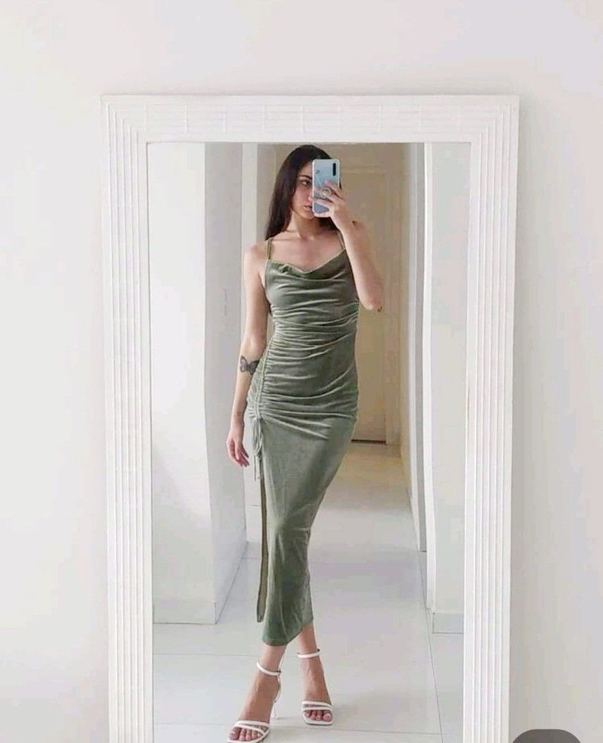 FOR RENT Mint green/Seige green Velvet Ruched Dress, Women's Fashion ...
