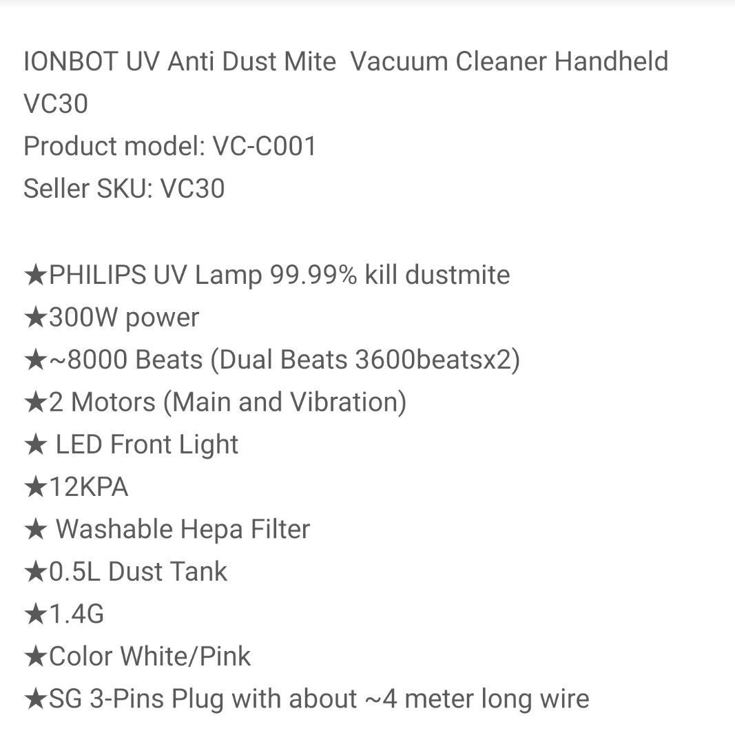 ION Bot UV Anti Dust Mite Vacuum Cleaner Handheld, TV & Home Appliances, Vacuum Cleaner ...