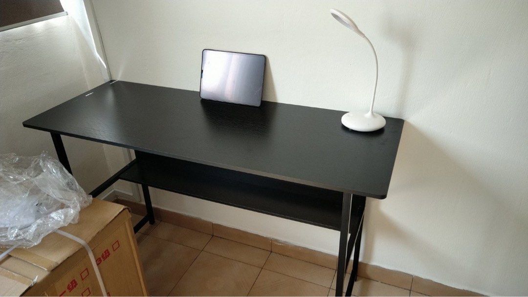 Long Black Study Office Table with Shelf, Furniture & Home Living ...