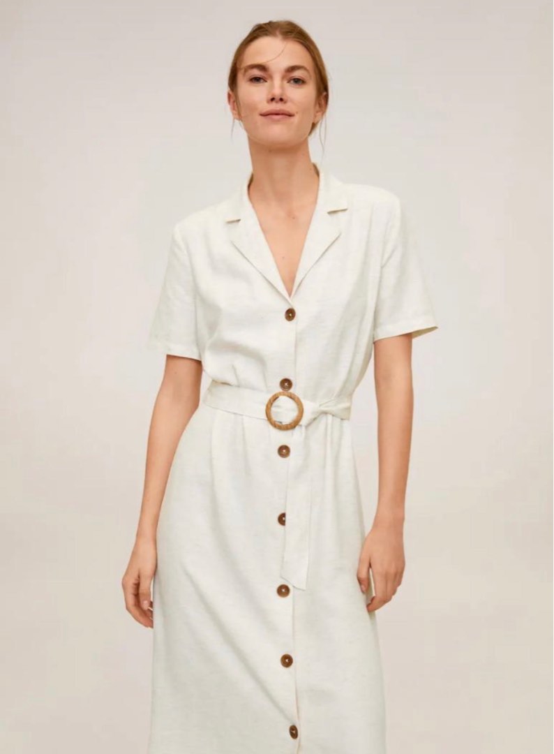 Mango Linen Button down Collared Midi Resort Dress, Women's Fashion ...