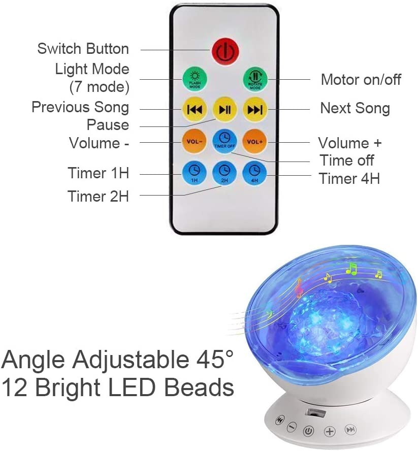 NEWKBO Remote Control Ocean Wave Projector,12 LED &7 Colors Night Light ...