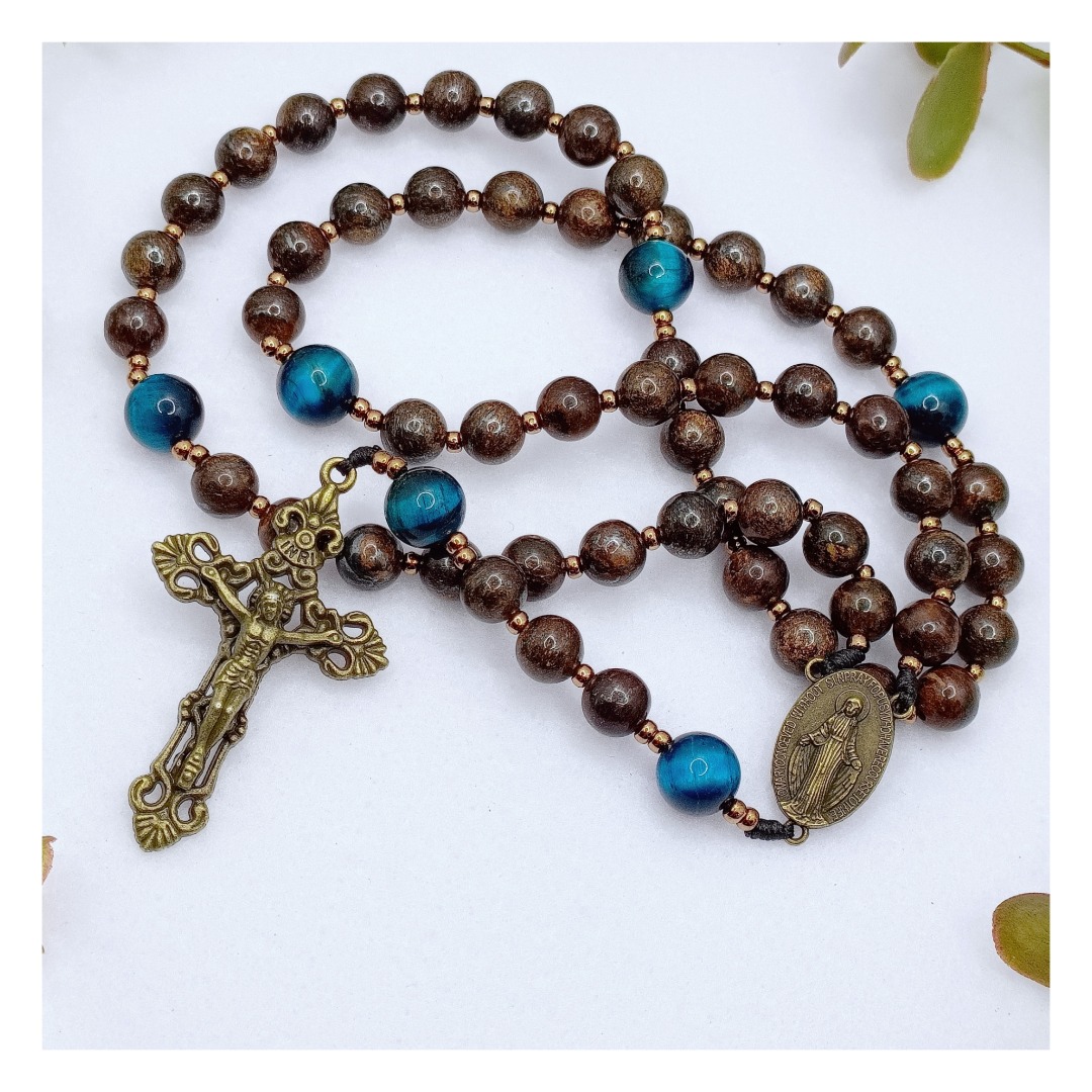 Our Lady of Miraculous Bronze Rosary, Bronzite, Blue Tiger Eye, Bronze ...