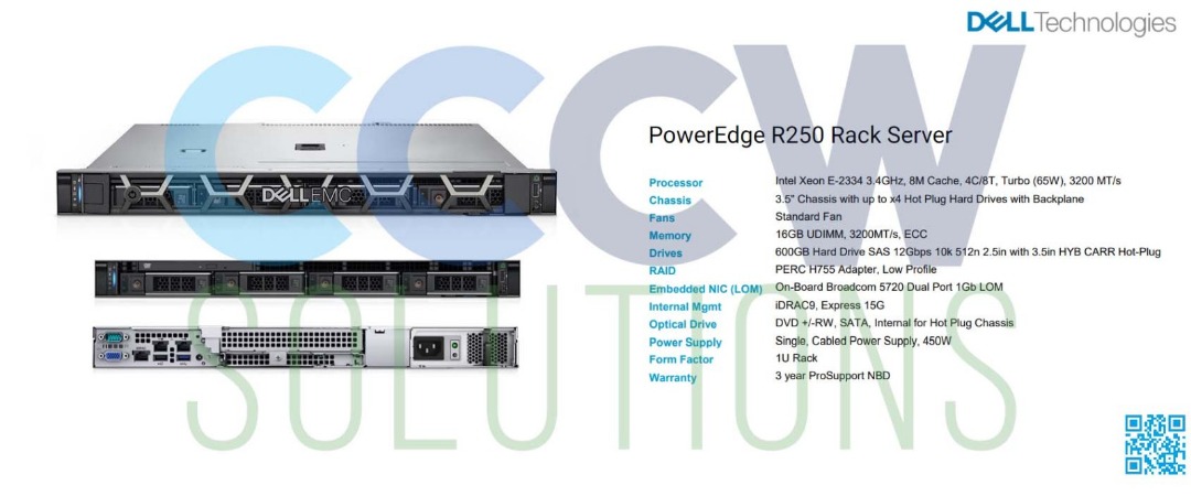 Rack Server - Dell PowerEdge R250 Intel Xeon E-2334 3.4GHz, 8M Cache ...