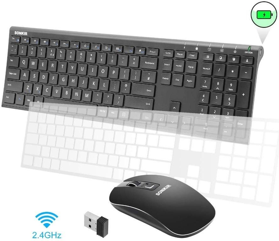 Wireless Keyboard and Mouse, Sonkir K-18 2.4GHz Ultra Thin Rechargeable Full Size Keyboard with ...