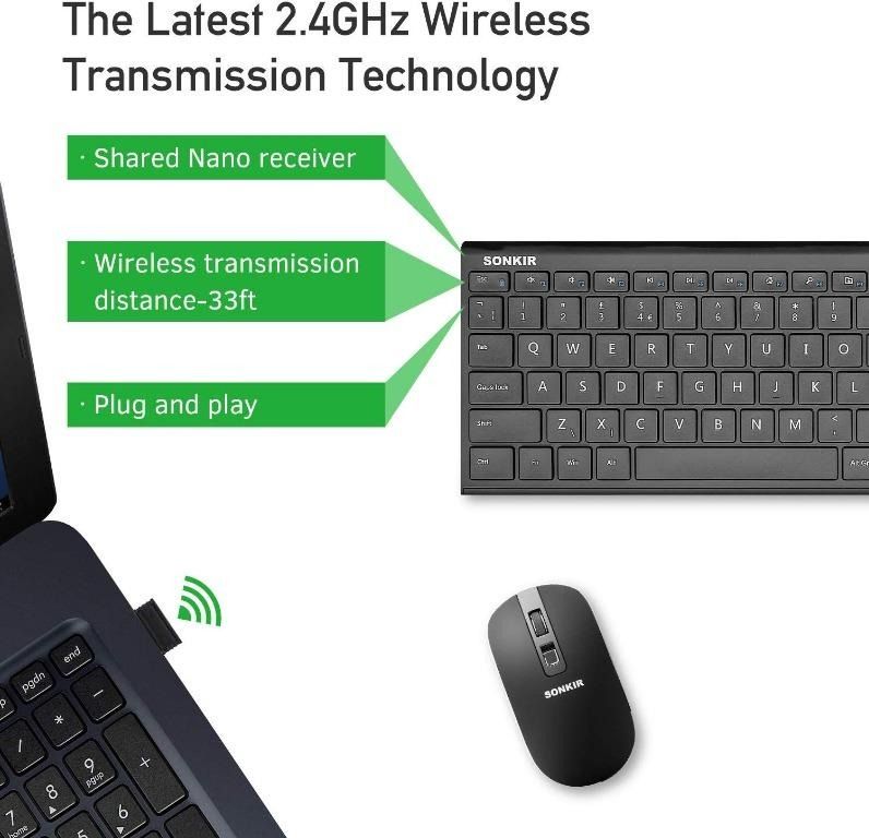 Wireless Keyboard and Mouse, Sonkir K-18 2.4GHz Ultra Thin Rechargeable Full Size Keyboard with ...