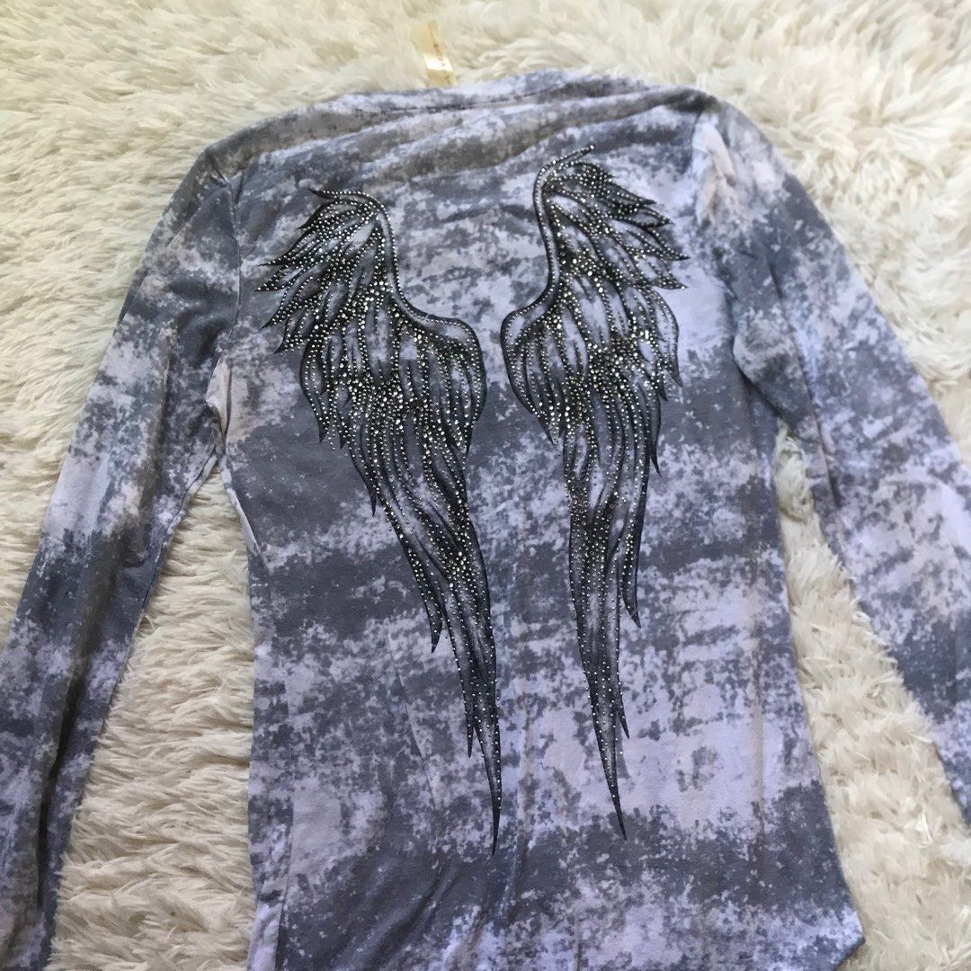 Y2k cyber grunge angel wings rhinestone longsleeve, Women's Fashion ...