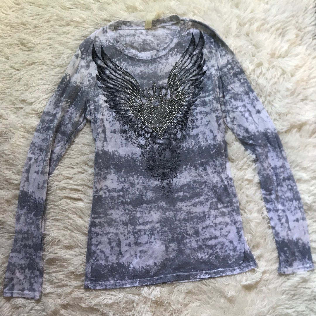 Y2k cyber grunge angel wings rhinestone longsleeve, Women's Fashion ...