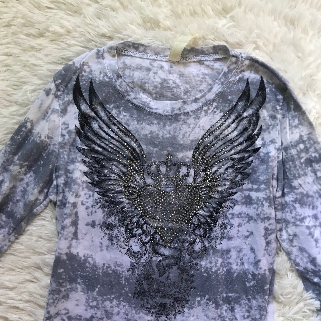 Y2k cyber grunge angel wings rhinestone longsleeve, Women's Fashion ...